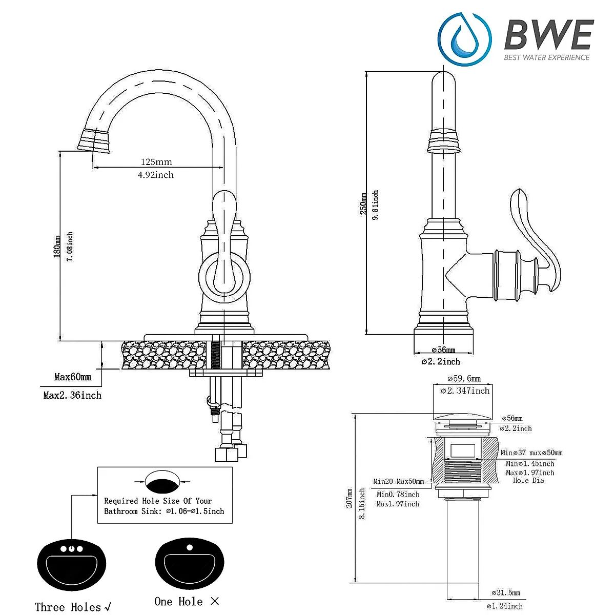 BWE Bathroom Sink Faucet 1 Hole Single Handle Brushed Nickel Bar Sink Faucet Swivel Spout with Pop Up Drain with Overflow and Supply Line Small RV Kitchen Faucet Mixer Tap