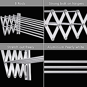 X-cosrack Wall Mount Clothes Drying Rack, Rustproof Accordion Retractable Drying Rack for Laundry Room/Bathroom Tower, 8 Bar Space-Saving Aluminium Alloys Garment Hanger 16.8 Linear Feet Pearl Silver