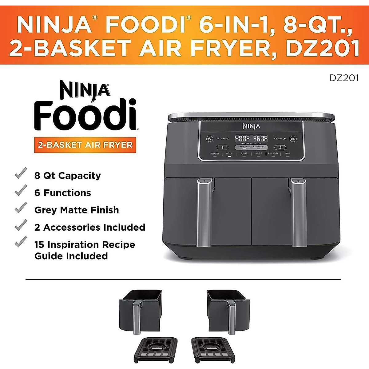 Ninja DZ100 Foodi 4-in-1, 8-qt., 2-Basket Air Fryer with DualZone Technology, DZ100 8-qt BLACK (Renewed)