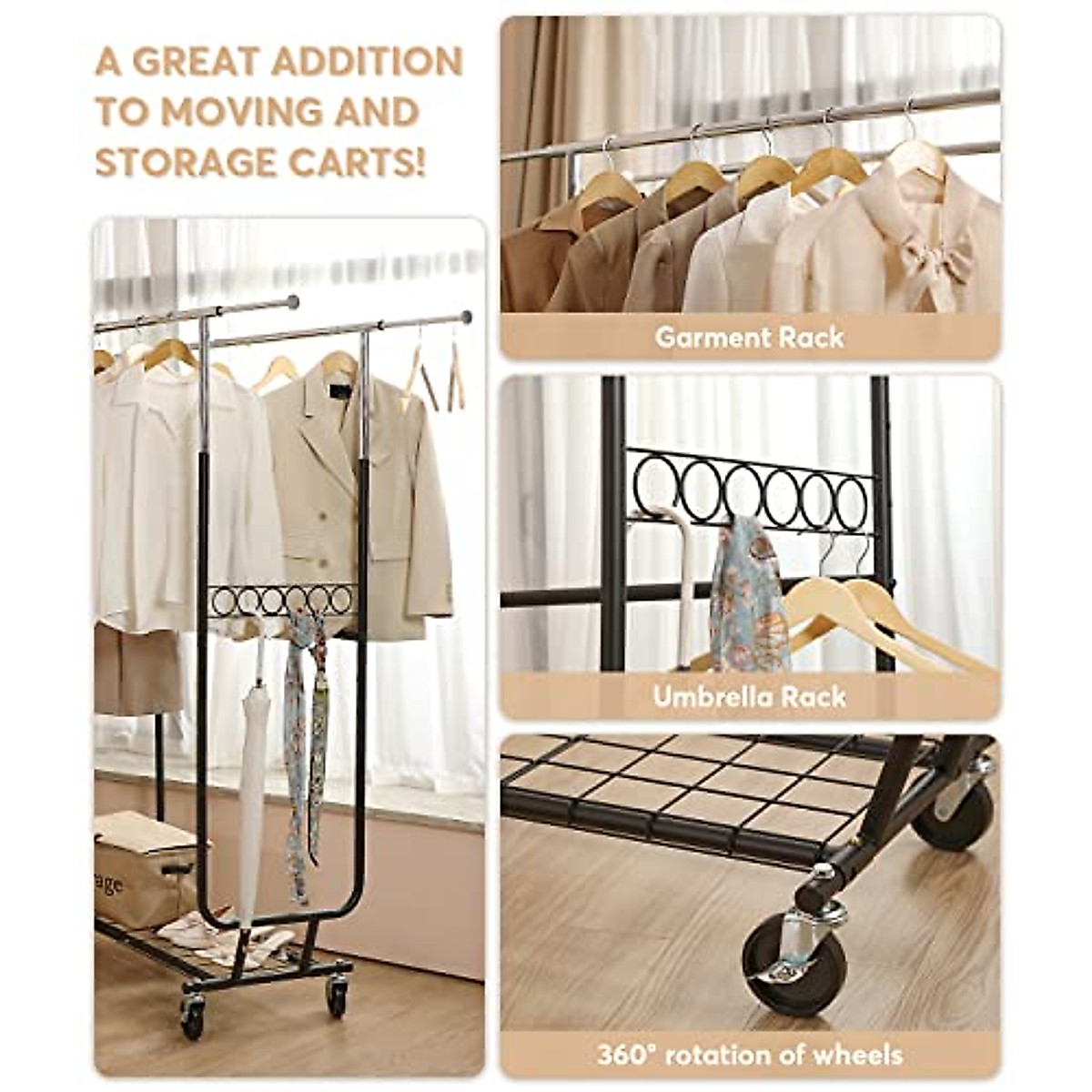 LIFEFAIR Clothes Rack Heavy Duty Clothing Rack Commercial Grade Garment Rack for Hanging Clothes, with 450 LBS Capacity Double Clothing Rack on Wheels, 71" x 20" x 69"