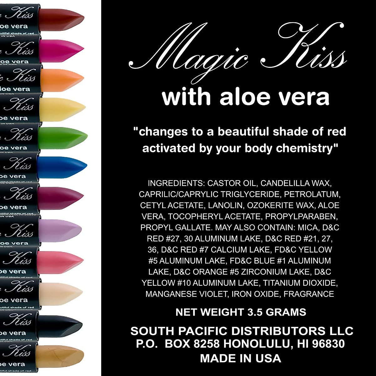Magic Kiss Pack of 12 Color Changing Aloe Vera Lipstick Set Made in USA (Colors of Aloha 03)
