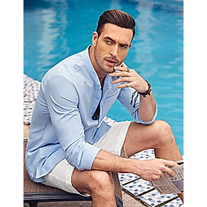 COOFANDY Men Beach Shirts Long Sleeve Linen Button Down Mandarin Collar Vacation Shirts Sky Blue