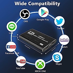 Capture Card, 4K HDMI Audio Video Capture Card, USB 3.0 Capture Adapter 1080P 60FPS Video Recorder Device for Game Recording, Works for Nintendo Switch, Streaming Live,Support X-Box/OBS/Camera/PC