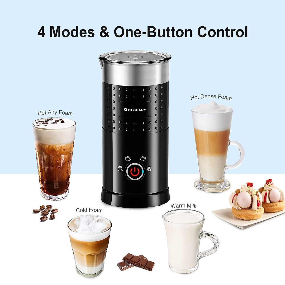 Huogary Electric Milk Frother and Steamer - 4 In 1 Automatic Milk Steamer,300ml/10.1oz Hot& Cold Foam Maker and Milk Warmer For Latte,Cappuccinos,Macchiato,Silent Working,Black,120V