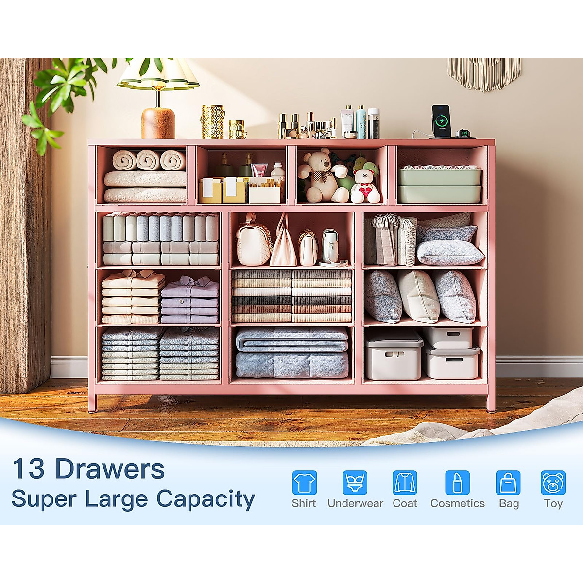 Casaottima Dresser for Bedroom with Charging Station, 57" Long Dresser with 13 Storage Drawers, Large Fabric Dressers Chests of Drawers with Shelves, Pink