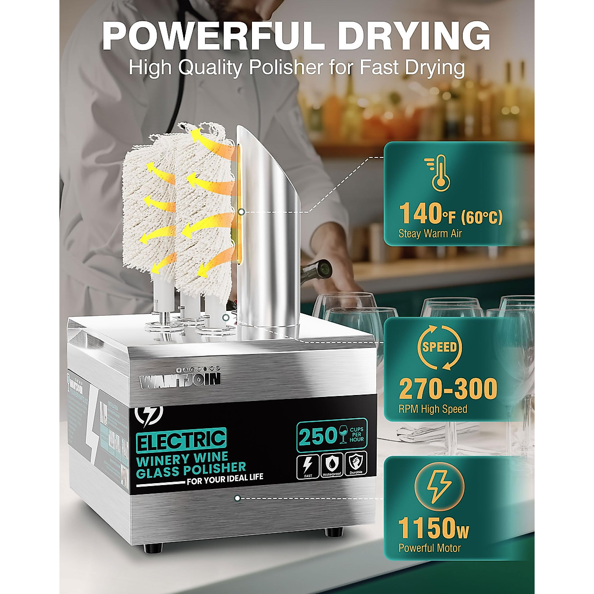 WantJoin Wine Glass Polisher Machine - 3 Brushes 250 Cups/Hour Commercial Electric Automatic Dryer with 304 Stainless Steel, 100% Cotton, 1150W High Power, 140°F Air Drying for Bar Restaurant Kitchen