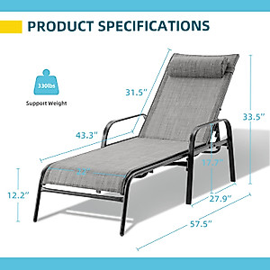 EROMMY Patio Chaise Lounge, Set of 2 Outdoor Lounge Chair, for Beach Pool Sunbathing Lawn Lounger Recliner Chiar Outside Tanning Chairs for All Weather (Grey)
