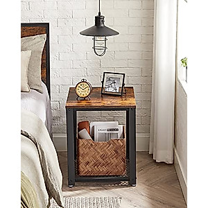 VASAGLE Side Table, 2-Tier Nightstand, End Table with Mesh Shelf, Steel Frame, Adjustable Feet, for Living Room, Bedroom, Industrial Style, Rustic Brown and Black ULET41X
