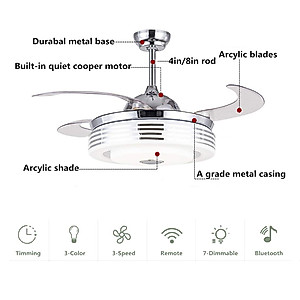 Fandian 42" Ceiling Fan with Lights Smart Bluetooth Speaker Remote Control Chandeliers, Retractable Blades, 3 Speed, Dimmable 7 Color Change Lighting for Living Room Bedroom