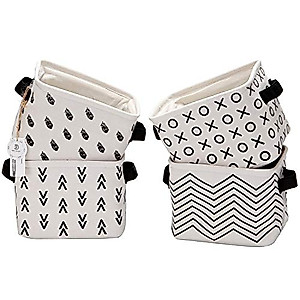 Sea Team Foldable Mini Square New Black and White Theme Natural Linen & Cotton Fabric Storage Bins Simple Desk Shelf Baskets Organizers - Set of 4