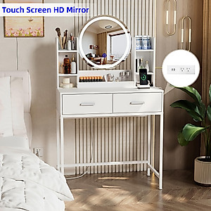 HDDDZSW Vanity Desk with Mirror and Lights, Make up Vanity Desk with Charging Station and 2 Drawers, Dressing Table with 3-Lighting-Modes Makeup Mirror, White Vanity Makeup Table for Bedroom