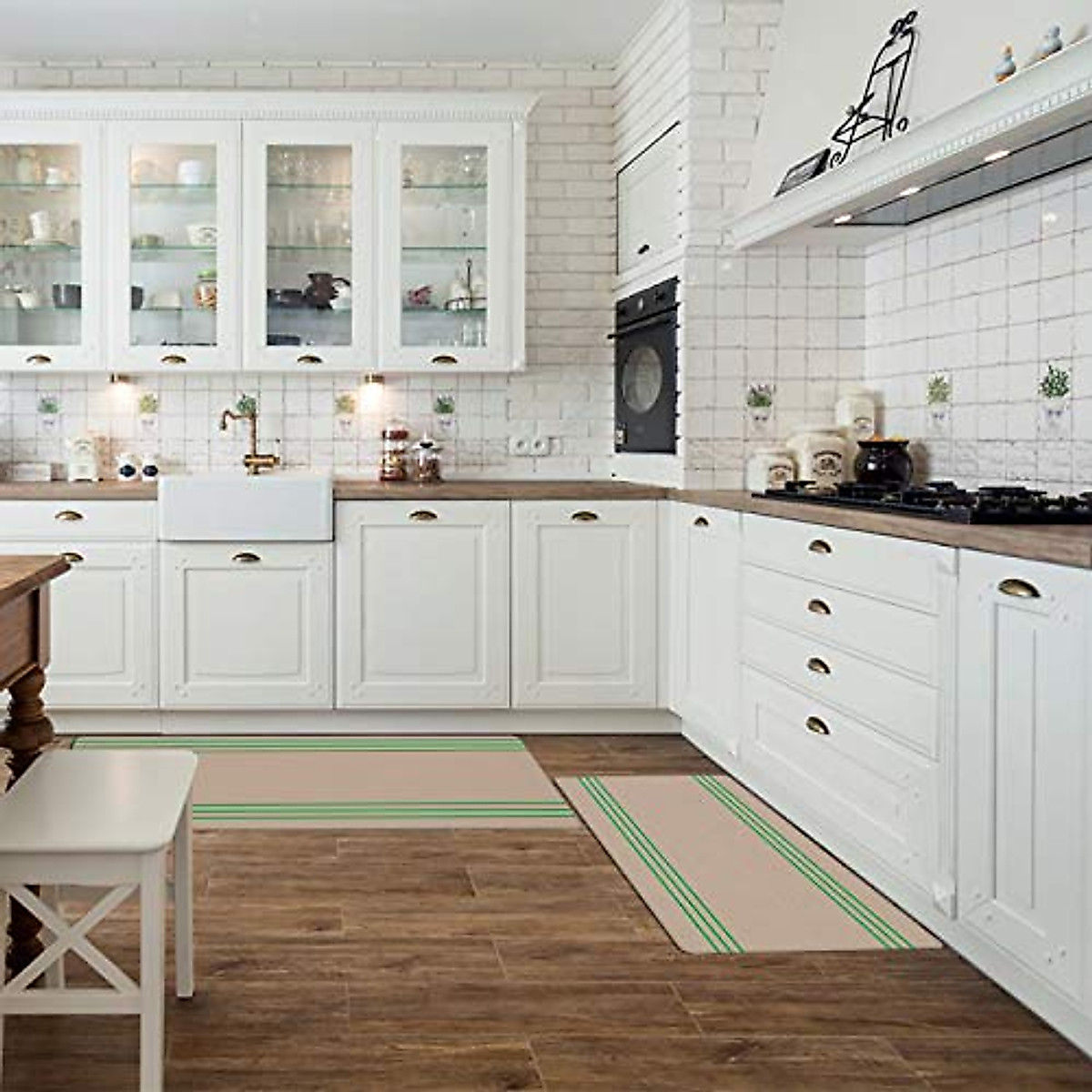 2 PCS Cushioned Anti-Fatigue Kitchen Mats and Rugs, Retro Brown Absorbent Bath Mat Non-Slip Rug Accent Runner Floor Carpet Washable Indoor Doormat Standing Comfort Mat Green Abstract Geometry Stripe