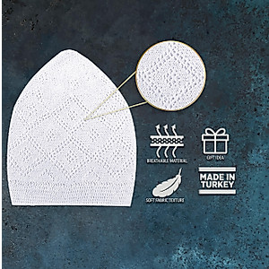 Kapobia Kufi Hats for Men, Muslim Clothes for Men,0 Breathable Skull Beanie, Crochet Cap, Handicraft Taqiyah, Cufi, Kufe (1 Piece, White Color)