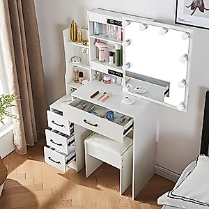 Vanity Set Dressing Table with Lighted Mirror, Modern Storage Makeup Table with 5 Drawers and Stool,White (H1903)