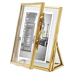 Isaac Jacobs 2x3, Antique Gold, Vintage Style Brass and Glass, Floating Photo Frame, Metal, (Vertical), with Locket Closure and Angled Base, for Pictures, Art, Mementos, Keepsakes (2x3, Antique Gold)