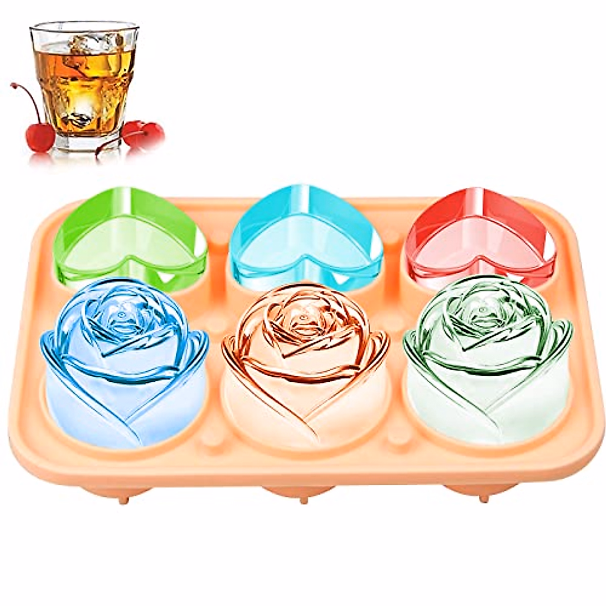 KooMall Ice Molds, Large Ice Cube Trays, Make 6Giant Cute 3D Rose Flower and Heart Shape Ice,Silicone Rubber Fun Big Ice Ball Maker for Cocktails Juice Whiskey Bourbon Freezer,Pink