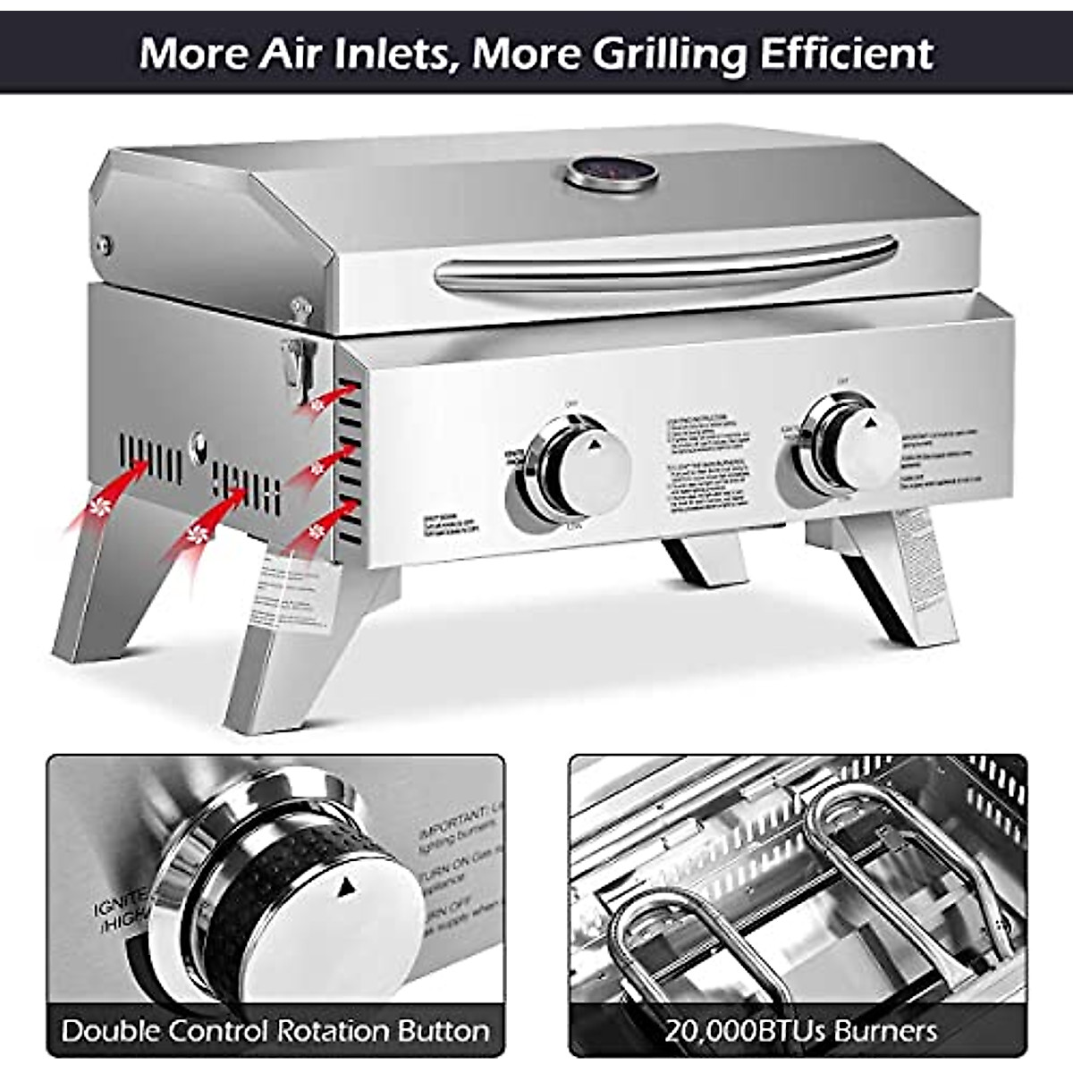 Moccha Stainless Steel Propane TableTop Gas Grill Two-Burner BBQ, with Foldable Leg, 20000 BTU, Perfect For Camping, Picnics or any Outdoor Use, Silver