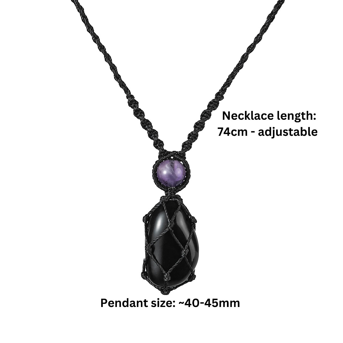 CrystalsMacrame Black Obsidian and Amethyst crystal necklace for protection and healing, handmade necklace with 2 stones pendant jewelry for women men teen girls boys