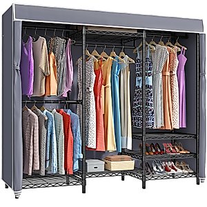 VIPEK V5C Portable Clothes Closet Wardrobe Bedroom Armoires Heavy Duty Covered Clothes Rack, Black Metal Clothing Rack with Grey Oxford Fabric Cover, Adjustable Custom Closet Rack 70.1"Lx17.3"Wx76.4"H