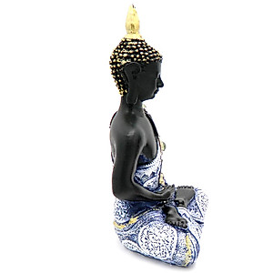 Rockin Buddha Statue Black Body Dress Blue Antiques 8 inches Tall Pattern Decoration Mantra Buddha Home Decoration Office Meditation Room Temple Statues for Home Decor
