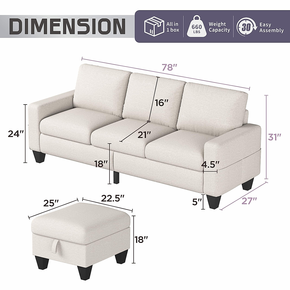 Yattem Convertible Sectional Sofa Couch：Modern L-Shaped Sofa Couches with Reversible Storage Ottoman & Side Storage Pockets - 3-Seat Beige Linen Sofa Couch for Living Room/Apartment/Studio/Small Space