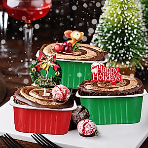 Suttmin 100 Pcs Christmas Aluminum Cups Foil Cupcake Container with Lids 5 oz Xmas Square Foil Pan Holder Mini Disposable Ramekins Cake for Xmas Party(Red, Green, Plain)
