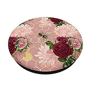 Pink Floral Roses and Honey Bee Geometric Honeycomb Cute PopSockets PopGrip: Swappable Grip for Phones & Tablets