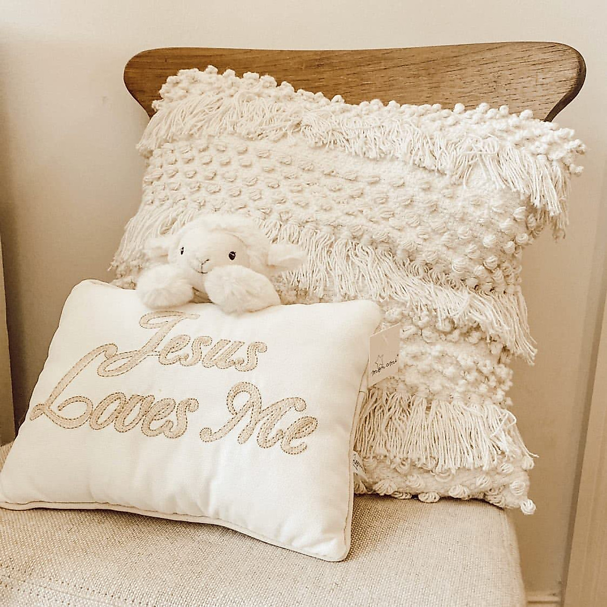 Mon Ami "Jesus Loves Me" Lamb Designer Plush Throw Pillow – 11x8”, Baby Christening Gift, Religious Gift, Dedication, Baptism Gift, Cute Room Décor