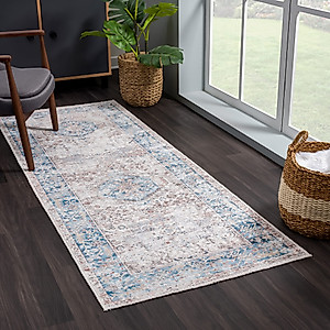 Bloom Rugs Caria Washable Non-Slip 12 ft Runner - Beige/Ocean Blue Traditional Runner for Entryway, Hallway, Bathroom, and Kitchen - Exact Size: 2'6" x 12'