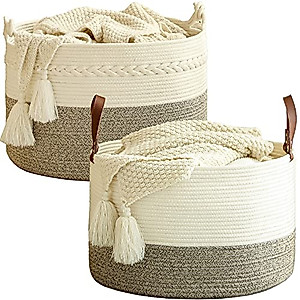 KAKAMAY Large Cotton Rope Blanket Basket (20"x13"),Woven Baby Laundry Hamper，Blanket Basket for Nursery, Laundry, Living Room, Pillows, Toys with Handles （White/Beige）