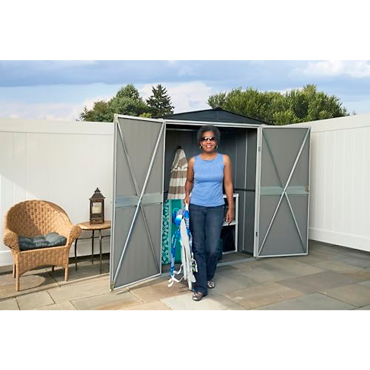 Arrow Shed Designed 6' x 3' x 6' Compact Outdoor Metal Backyard, Patio, and Garden Shed Kit, Flute Gray and Anthracite