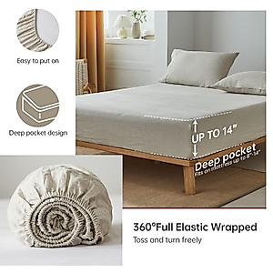 Simple&Opulence 100% Belgian Linen Sheet Set Handmade Hemstitch Linen Full Size Bed Sheet-4 Piece (1 Flat Sheet+1 Fitted Sheet+2 Pillowcases)-Natural Flax Farmhouse Bedding