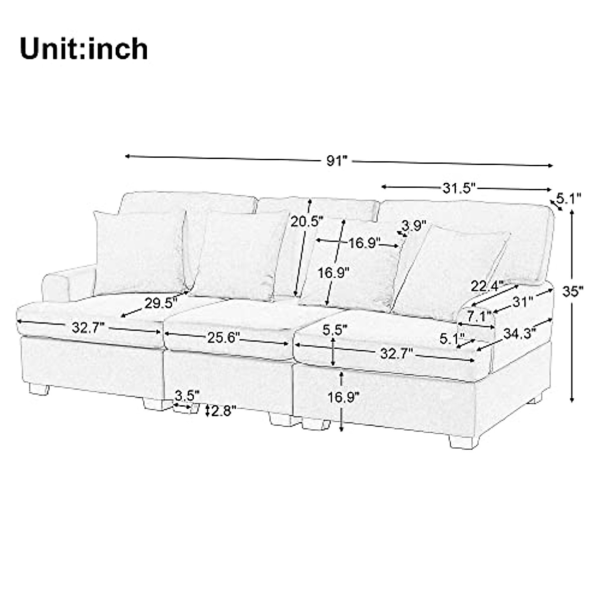 LUMISOL 91" Contemporary Deep Seat Sofa, Linen Fabric 3 Seater Sofa with Track Arms, Modern Sofa Couch with Pillows for Living Room, Bedroom, Small Apartment (Gray)