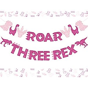 Three Rex Banner Rose Red and Dinosaur ROAR Garland Glitter for Girls 3rd Birthday Dinosaur Party Supplies, Pink Dinosaur Party Decorations