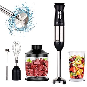 Immersion Hand Blender, 5 in 1 Multi-Purpose Hand Blender, 12 Speed+Turbo Stick Blender with 500ml Chopper, 700ml Beaker, Egg Whisk, Milk Frother, Black