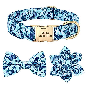 KINYABLUE Floral Pattern Cute Dog Collar for Large Dogs, Personalized Custom Dog Collars with Name, Soft Cotton Fall Dog Collar Girl with Detachable Bowtie & Flower, L (14-24")