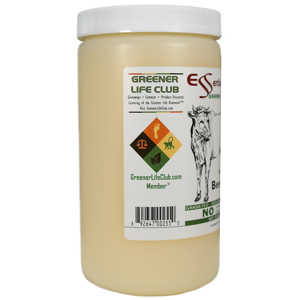 Beef Tallow - 1 Quart (32 oz nt wt) - Grass Feed - Non-GMO - Keto Friendly - Food Grade - FREE from LACTOSE-GLUTEN-GLUTAMATE-BSE - safety sealed HDPE container with resealable cap