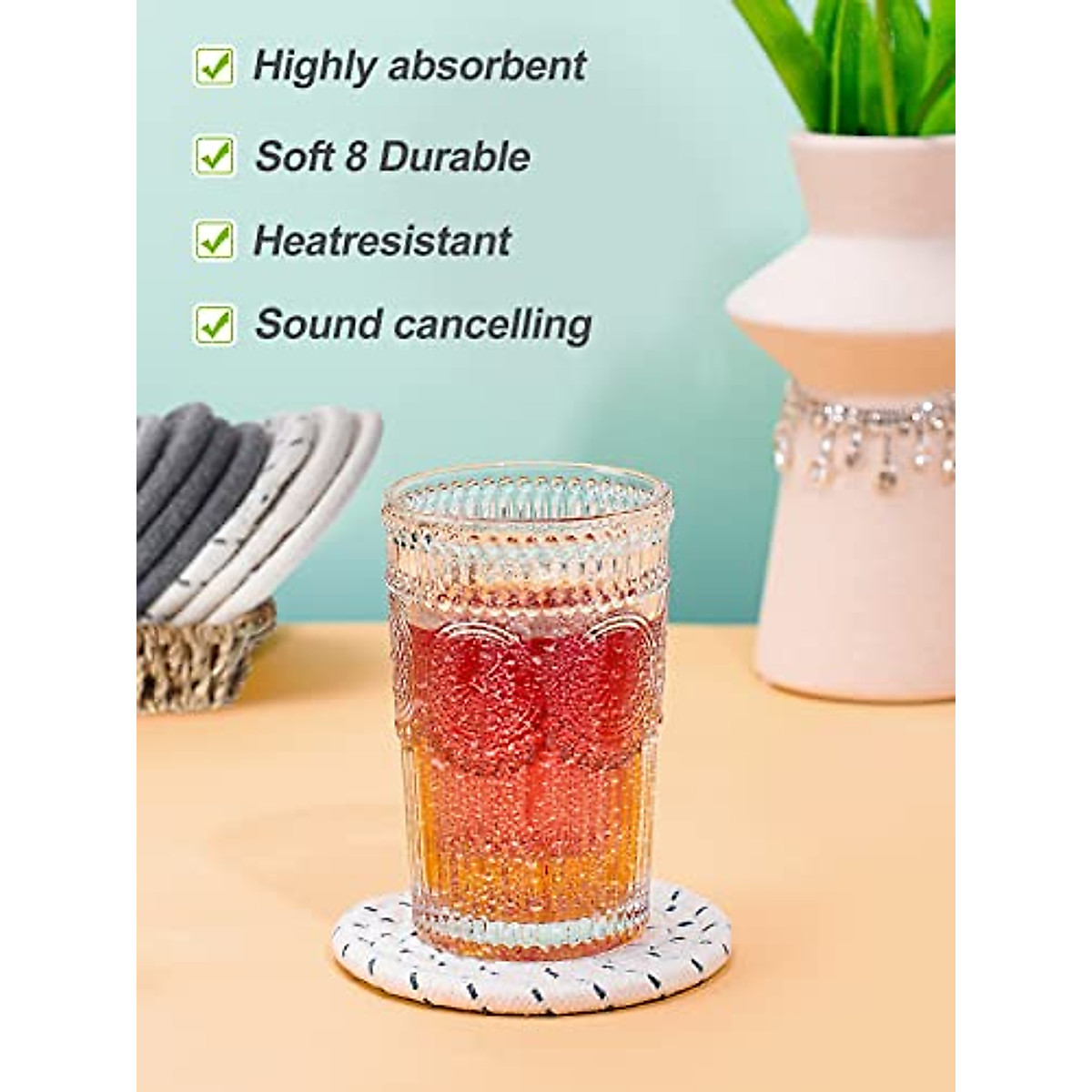 8 Pcs Absorbent Drink Coasters, 4 Styles Handmade BOHO Woven Coasters for Coffee Table, Heat-resistant Modern Cotton Coasters for Kinds of Cups Housewarming (4.3in)