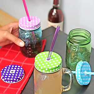 Southern Homewares Polka Dot Pattern Mason Jar Lids for Straws Set of 4 Fun Jar Lids Kids Colorful Jar Lids Straw Holes Small