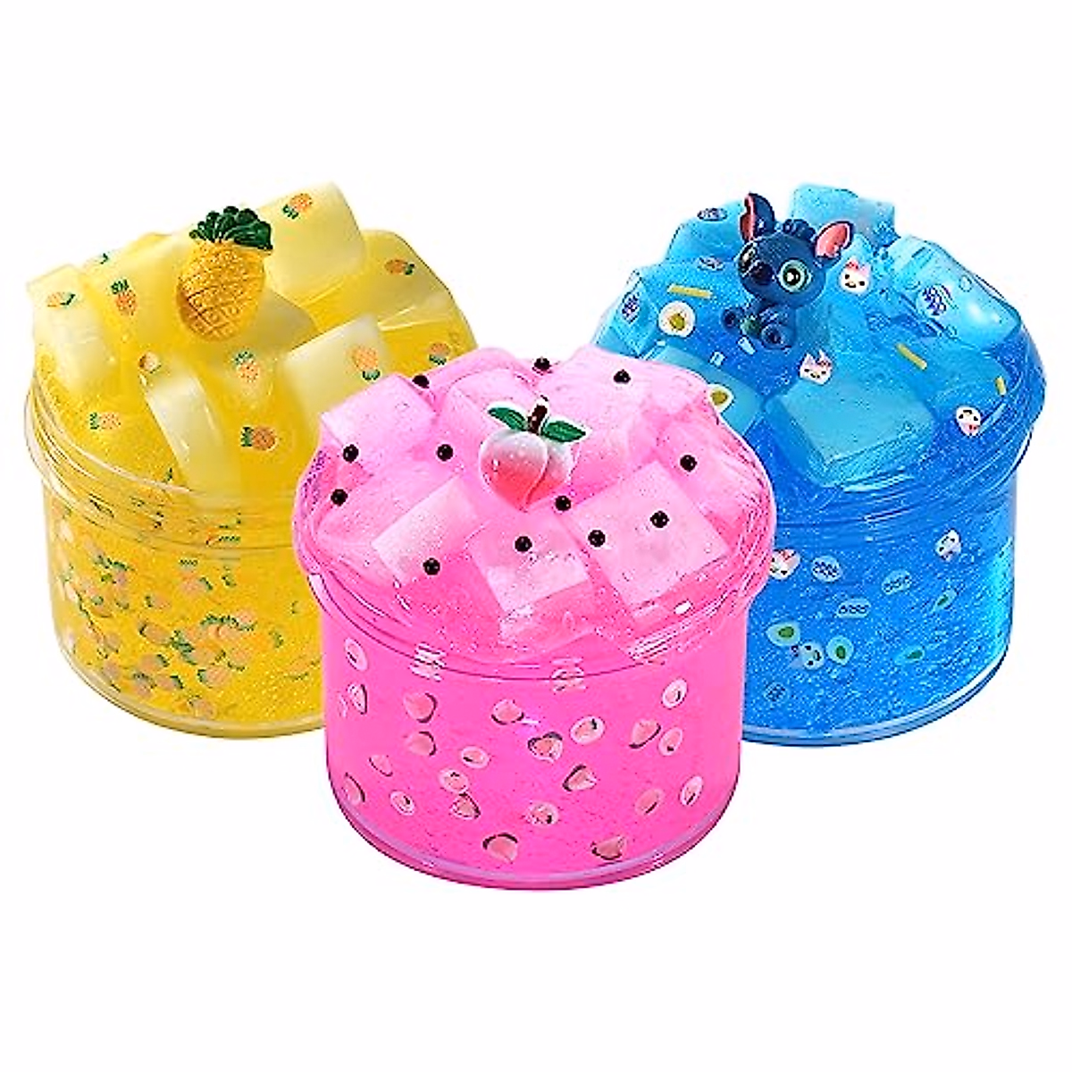 3 Packs Jelly Cube Crunchy Slime Kit,Non Sticky,Super Soft Sludge Toy,Birthday Gifts for Kids,DIY Crystal Glue Boba Slime Party Favor for Girls & Boys(Blue,Yellow,Pink)