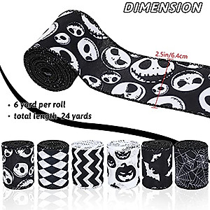 AnyDesign 6 Rolls Halloween Wired Edge Ribbons 30 Yards Bat Spider Web Pumpkin Print Craft Ribbon White Black Spooky Gift Wrapping Ribbon for Wreath Home Party DIY Craft Decoration Supplies