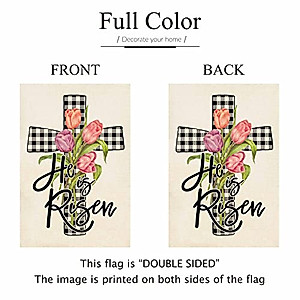 ORTIGIA Easter Cross Garden Flag Double Sided Buffalo Plaid Cross Tulip Flowers He is Risen Religious Garden Flag Spring Seasonal Outdoor Outside Yard Lawn Decoration 12x18 Inch