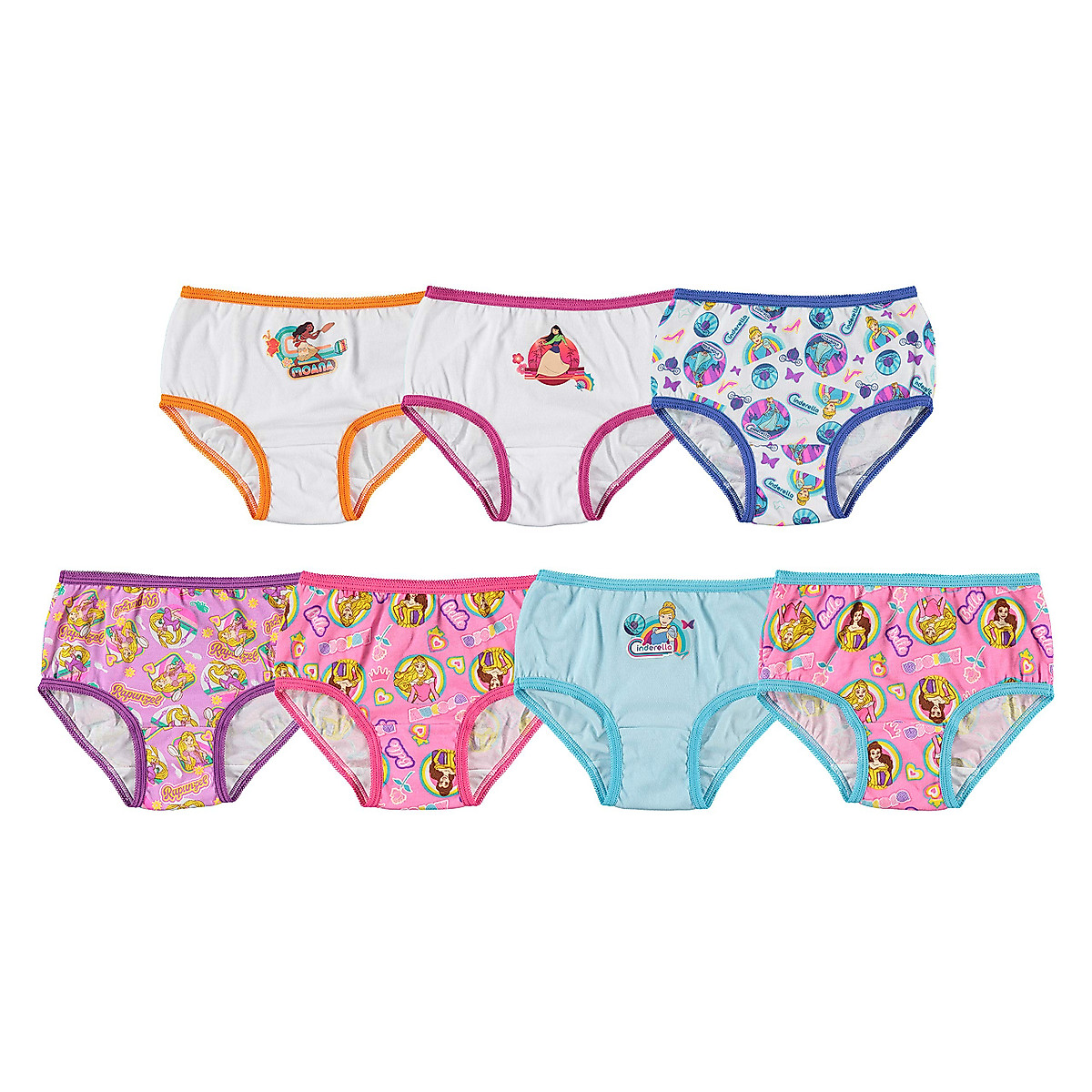Disney Girls Princess Panty Multipacks With Favorites Cinderella, Belle, Ariel And More In Sizes 2/3t, 4t, 4, 6, 8 Briefs, 7-pack 100% Combed Cotton, 6 US