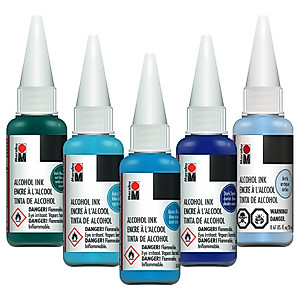 Marabu Blue Alcohol Ink Set - 5 Colors Set, Aqua Blue, Azure Blue, Dark Denim, Dark Blue Green, Arctic - Alcohol Ink for Epoxy Resin, Tumblers, Alcohol Ink Paper - Large 0.68 Ounce Inks