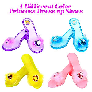 Princess Dress Up Shoes Set, Girls Role Play Dress Up Toys, Toddler Pretend Jewelry Boutique Kit Gift Set for Little Girls Aged 3-6 Years Old, 4 Pairs of Shoes Kit Include Princess Accessories