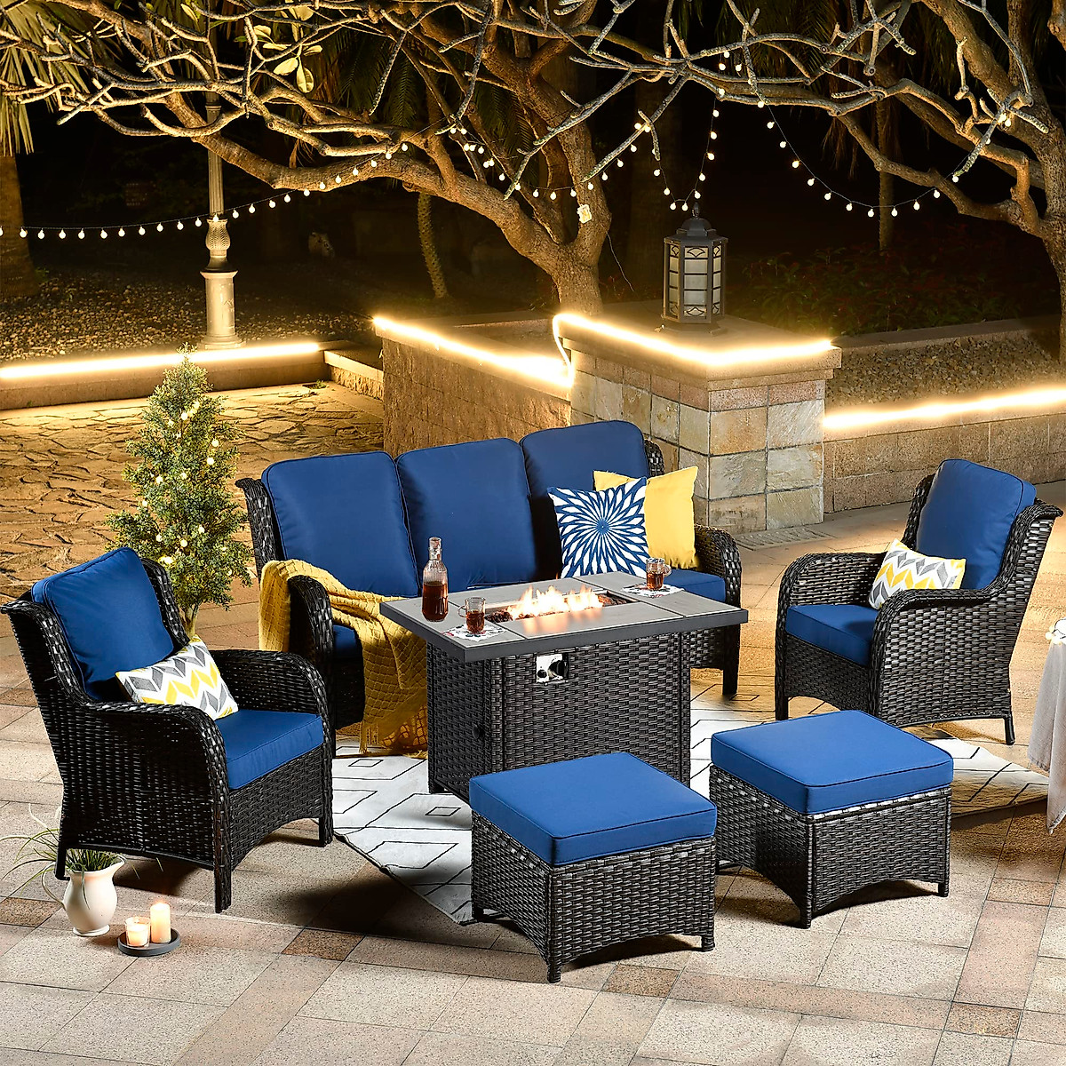 XIZZI Patio Furniture Set Outdoor Conversation Sofa with 42 Inch Rectangle Propane Fire Pit Table All Weather PE Rattan Wicker High Back Outside Couch for Backyard and Garden,Brown Wicker Navy Blue