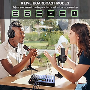 RHM Podcast Equipment Bundle, All-in-One Audio Interface DJ Mixer with Microphone, Stand, Monitor Earphone, Audio Mixer With Sound card for PC/Laptop/Phone, Streaming/Podcasting/Gaming