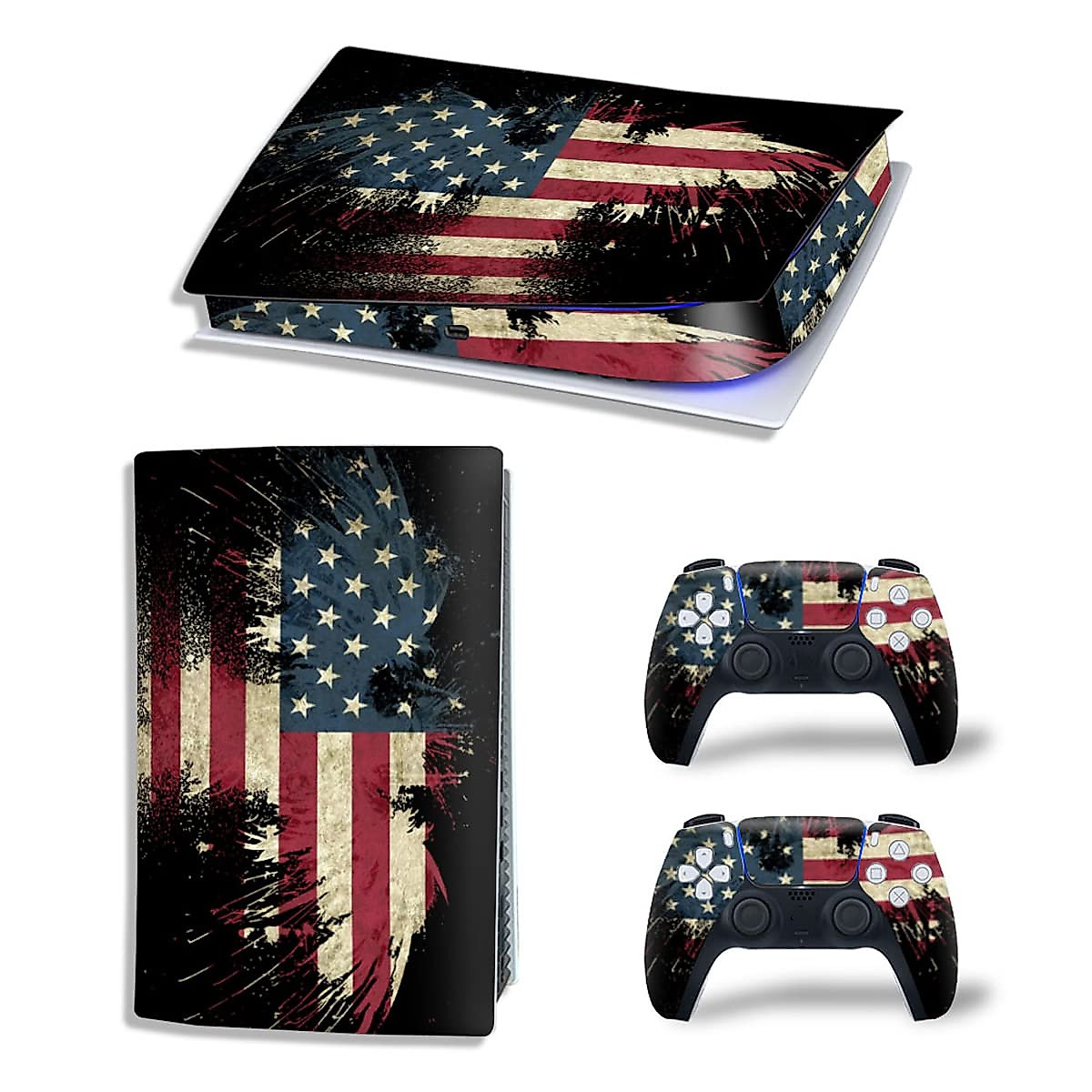 DOMILINA Full Body Vinyl Decal Cover for PS5 Digital Edition Console & Controllers - American Flag