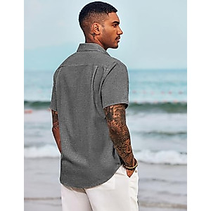 COOFANDY Men's Western Casual Shirt Button Up Basic Solid Linen Business Shirts Hawaiian Vacation Shirts Short Sleeve - Black