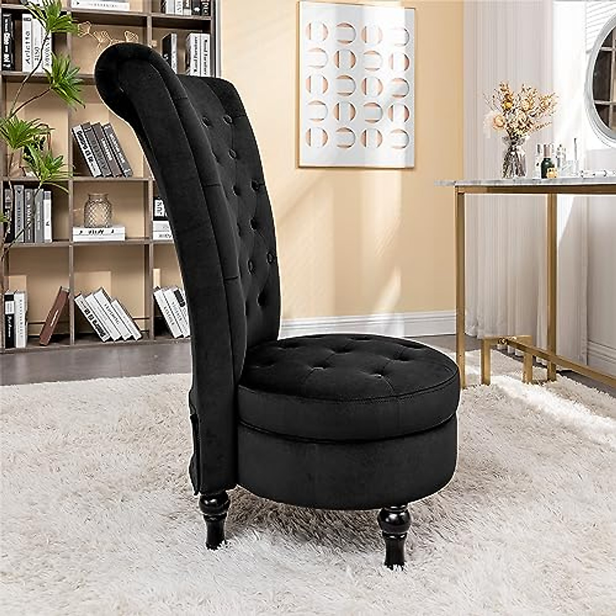 Container Furniture Direct Royal High-Back Velvet Accent Chair for Vanity with Storage and Luxurious Upholstery, Retro Design and Versatile Usage for Living Room, Bedroom, Lounge and Office, Black